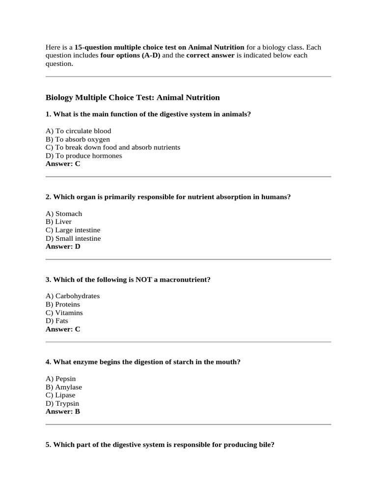 Animal Nutrition-15 Question Quiz | PDF | Digestion | Human Digestive ...