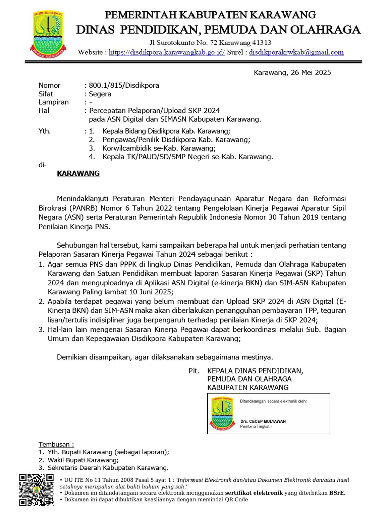 ESIGN - KRW - Surat Edaran Percepatan Upload SKP 2024 | PDF
