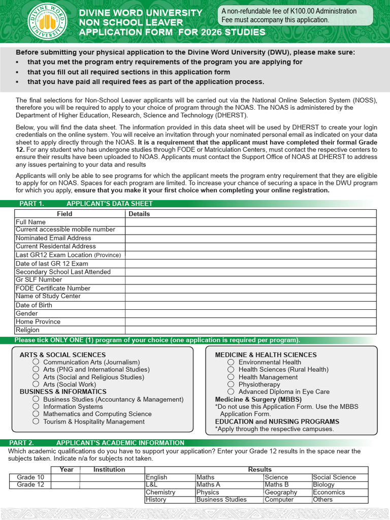 Dwu Non School Leaver Application Form | PDF | Science | Mathematics