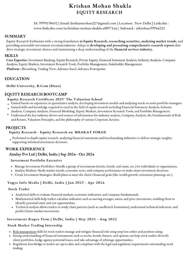 Resume Krishan Mohan Shukla | PDF | Investing | Stock Trader