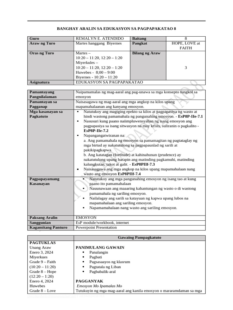 ESP-8 - LP - Q2 Aralin 3 EMOSYON | PDF