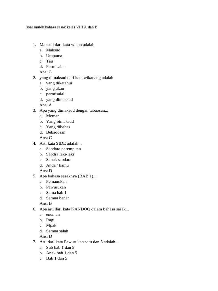 Soal Mulok Bahasa Sasak KLS VIII a Dan B | PDF