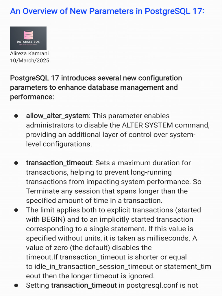 Introducing To New Parameters in PostgreSQL 17-1 | PDF