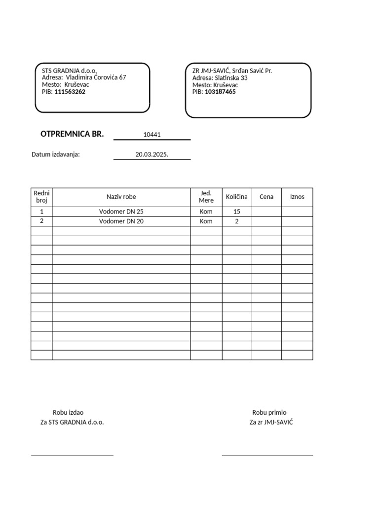 Otpremnica - JMJ-SAVIĆ - Podni Slivnik 24 Kom | PDF