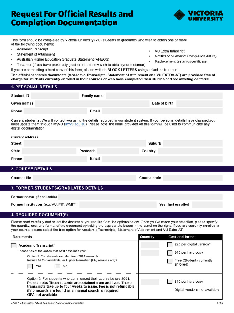 Ac01a Request For Academic Transcript or Statement of Attainment | PDF