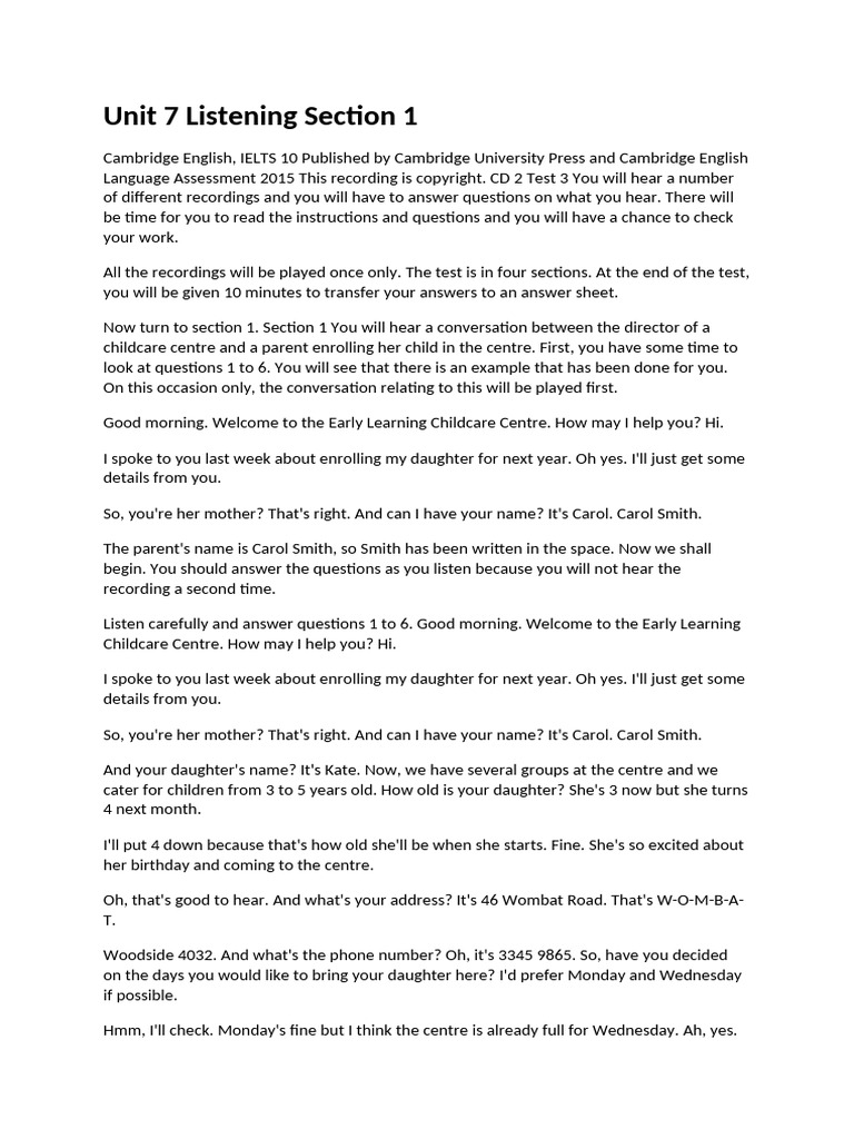 Script - Unit 7 Listening Section 1 | PDF | Child Care | International ...