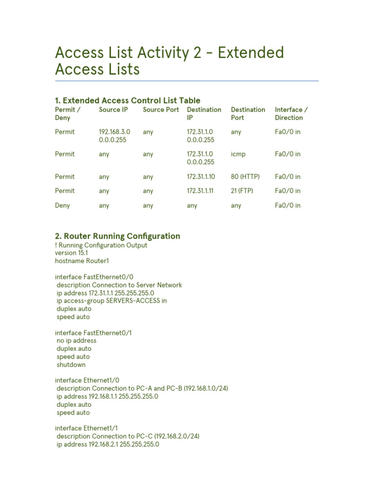 Access List Activity 2 | PDF