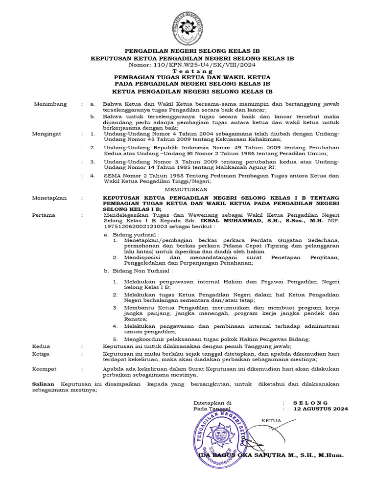 SK Pembagian Tugas Ketua Dan Wakil Ketua | PDF