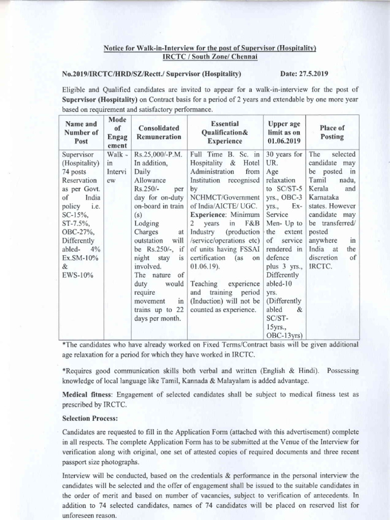 Notification - Supervisor (Hospitality) On Contract Basis-SZ | PDF