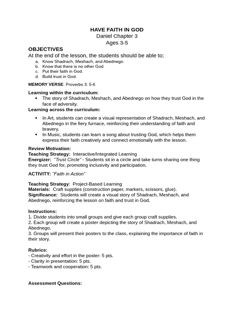 HAVE FAITH IN GOD-Lesson Plan | PDF | Shadrach, Meshach, And Abednego ...