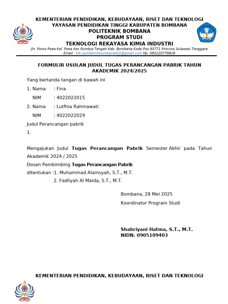 Format Pengajuan Judul Perancangan Pabrik Fix | PDF