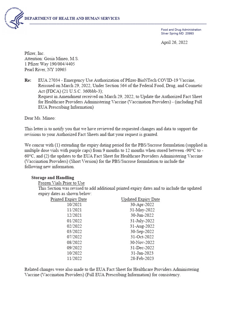 EUA 27034.512 Granting Letter Signed ToPfizer | PDF | Health Policy ...