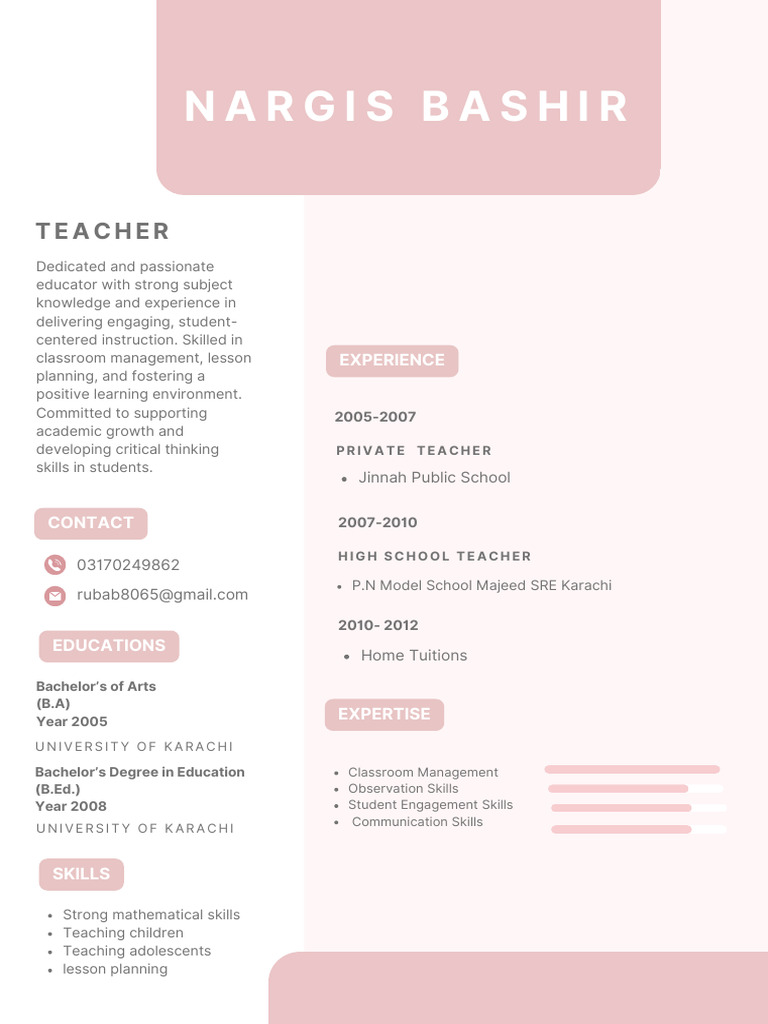 Pink White Clean Teacher Resume | PDF