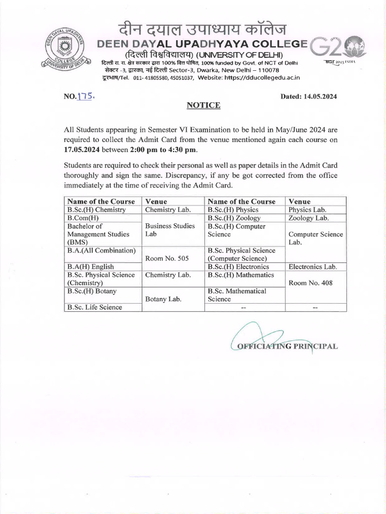 Admit Card Notice Sem VI | PDF