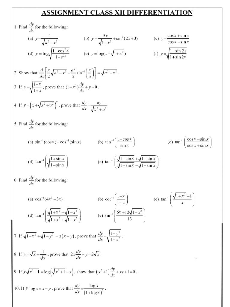 Class XII Differentiation Exercises | PDF