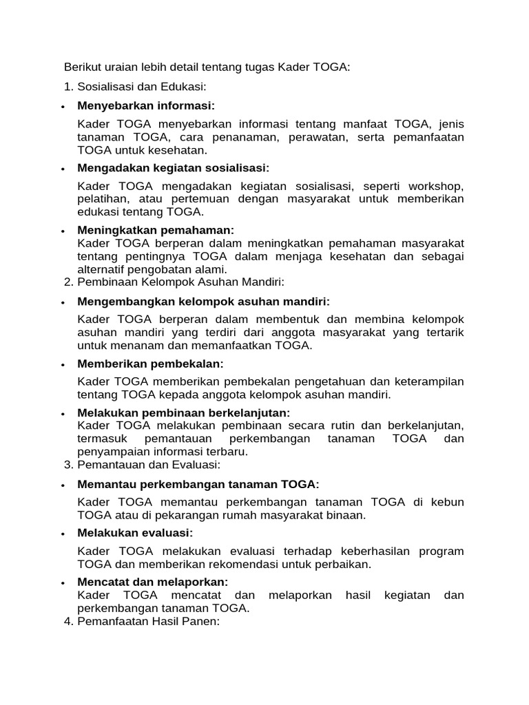 Berikut Uraian Lebih Detail Tentang Tugas Kader TOGA | PDF