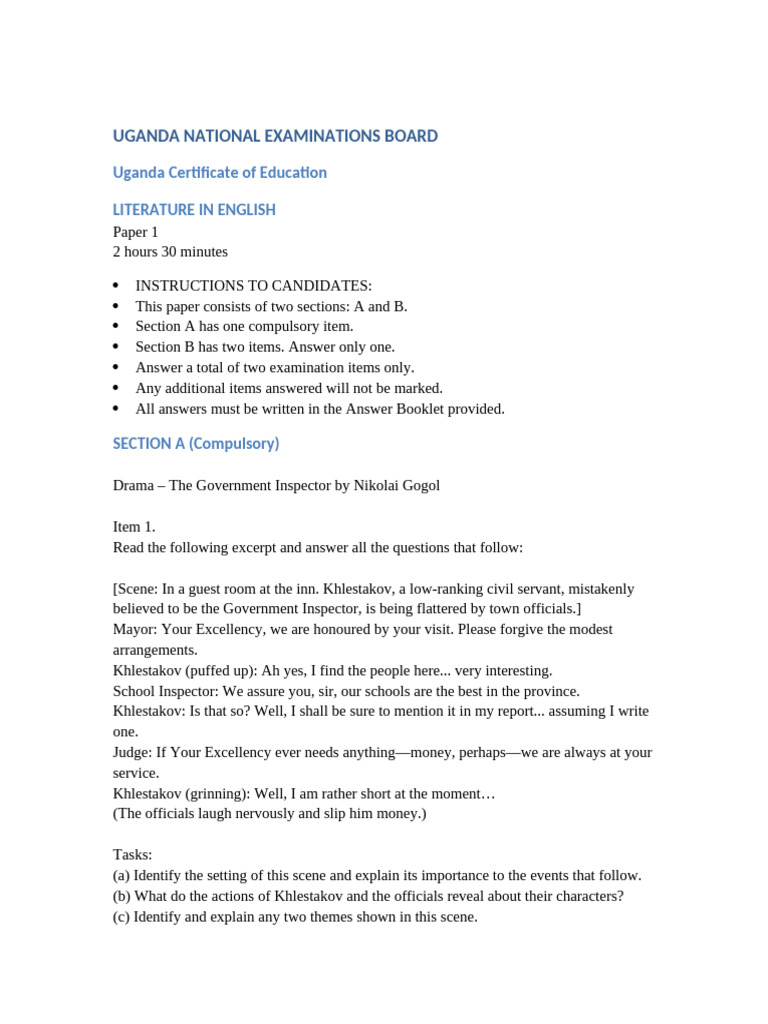 UNEB Literature Paper 1 Guidelines 2025 | PDF