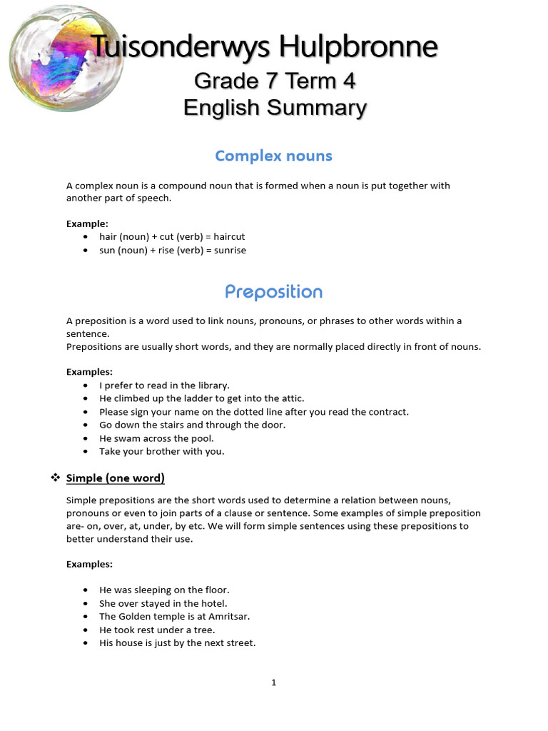 Grade 7 Term 4 English Summary | PDF | Pronoun | Comma