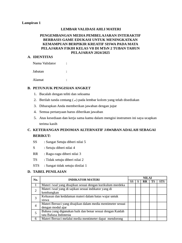 Lembar Validasi Ahli Materi Terbaru | PDF