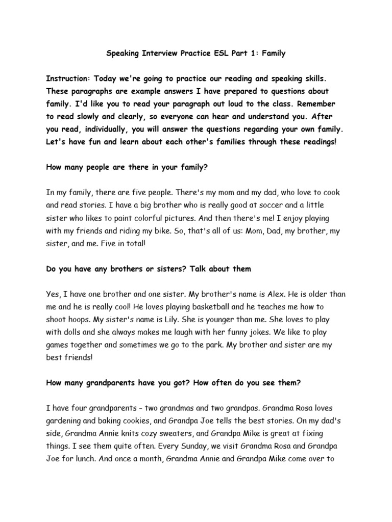 Speaking Interview Practice ESL-Family | PDF | Grandparent