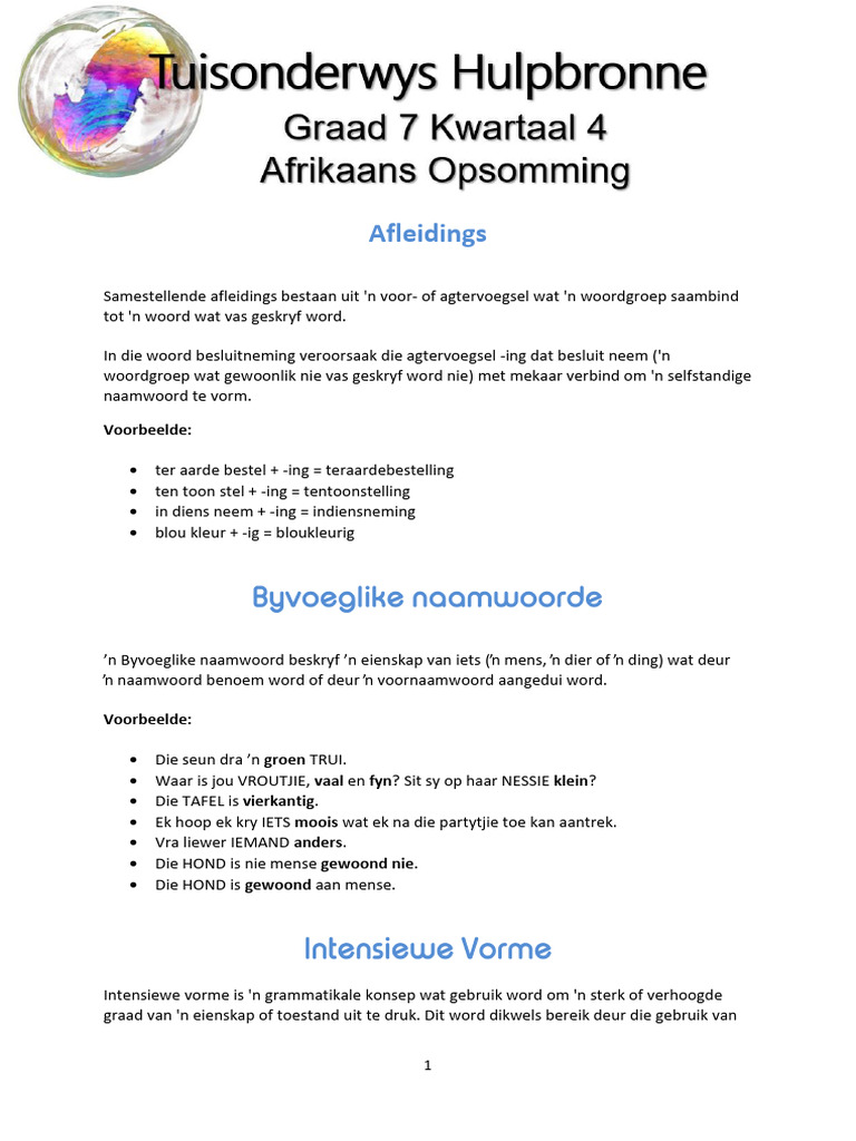 Graad 7 Kwartaal 4 Afrikaans Opsomming | PDF