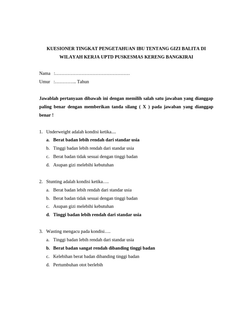 Kuesioner Pengetahuan Ibu Balita | PDF