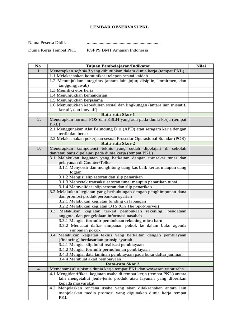 Lembar Observasi Pkl 2025 (Bmt & Bkk) | PDF