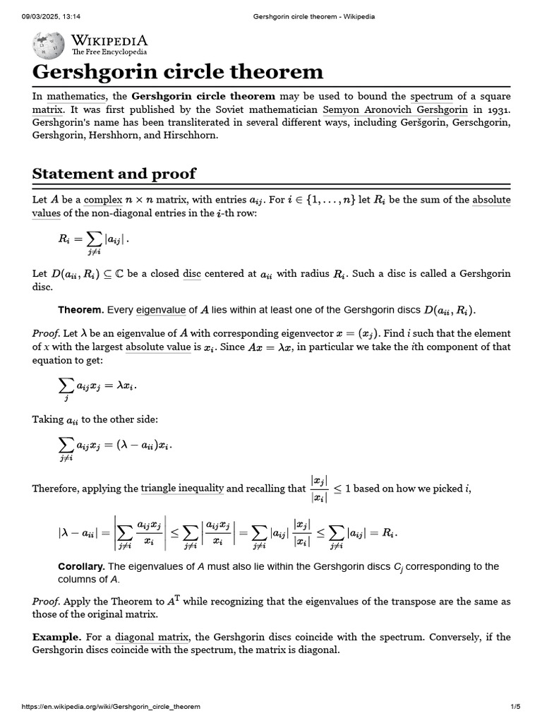 Gershgorin Circle Theorem - Wikipedia | PDF | Eigenvalues And Eigenvectors | Matrix Theory