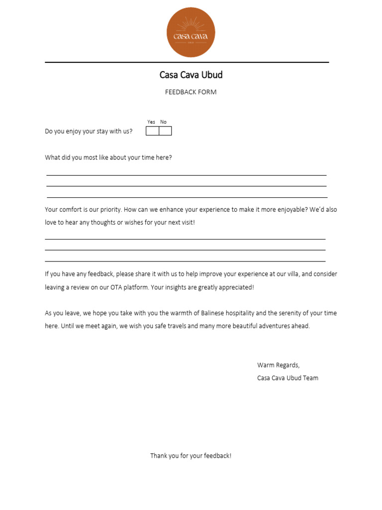 Casa Cava Feedback Form | PDF