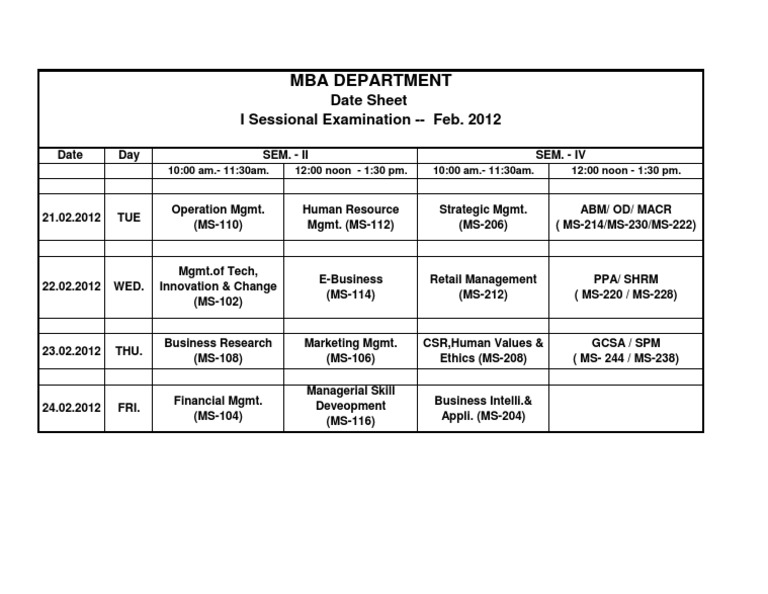 MBA Exam Schedule February 2012 | PDF