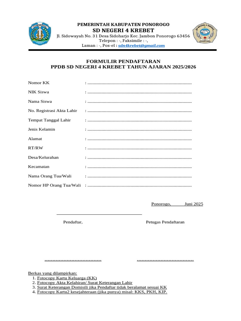 Formulir PPDB SD Negeri 4 Krebet 2025/2026 | PDF