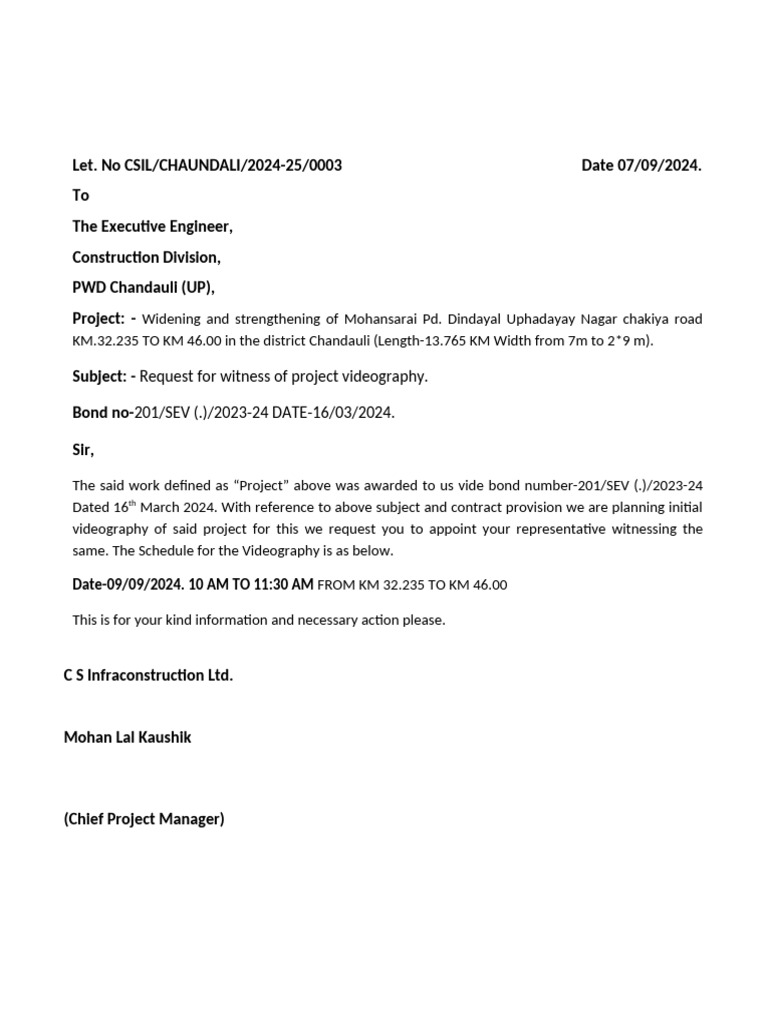 Chaundali Letter 03 Request For Witness of Videography of Project. | PDF