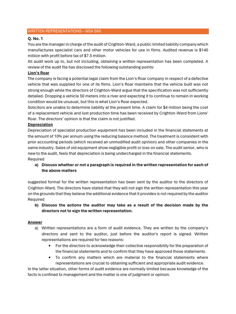 Written Representation | PDF | Audit | Auditor's Report