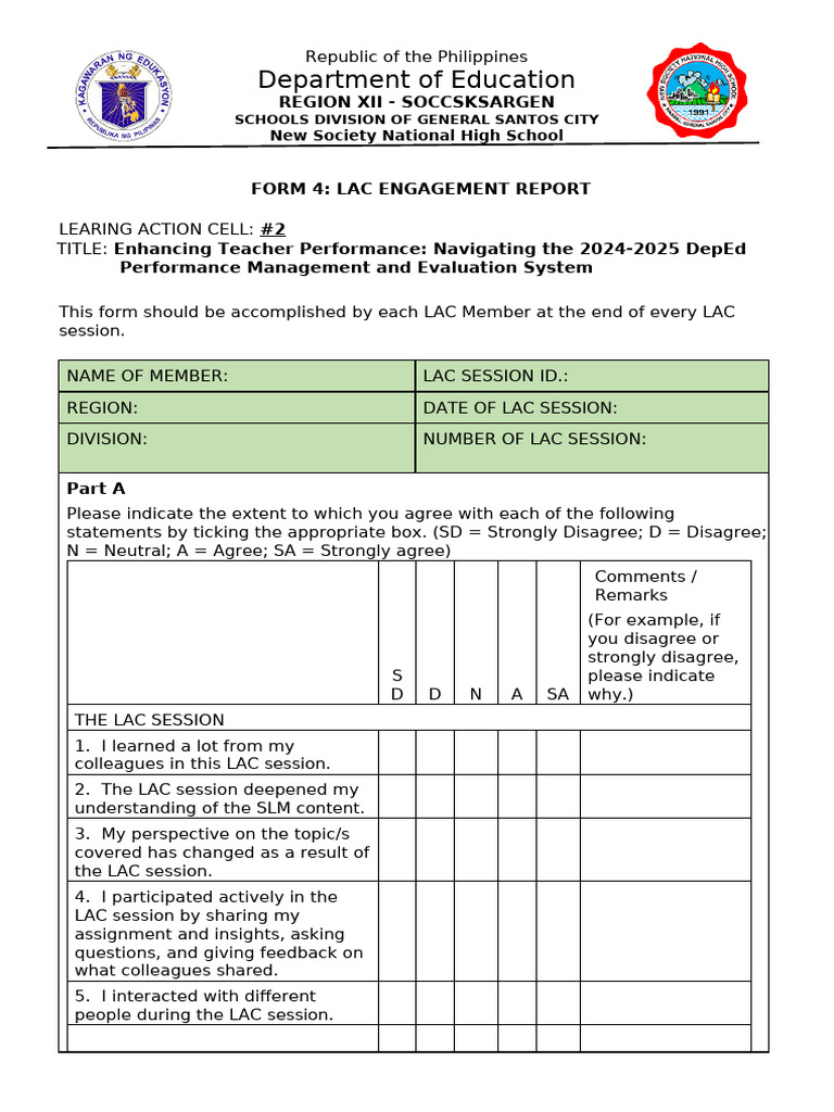 LAC Engagement Report: Teacher Performance | PDF