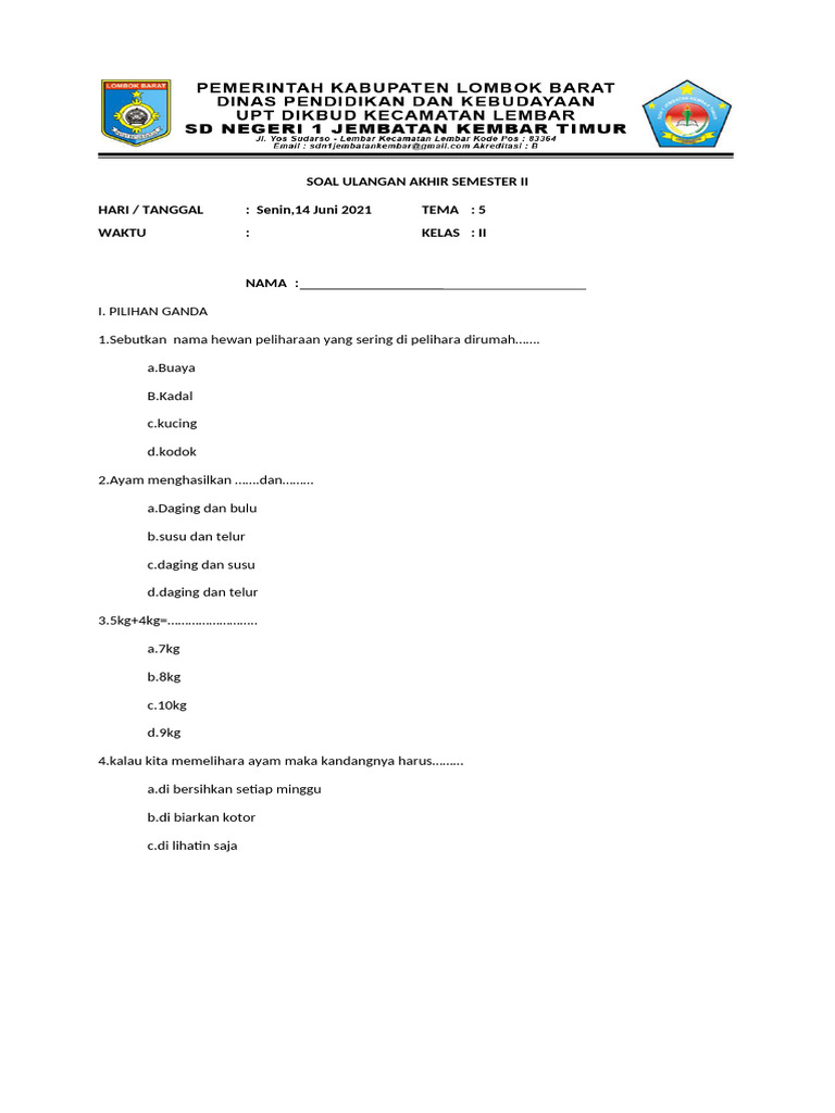 Soal Ulangan Kelas Ii Semester 2 | PDF