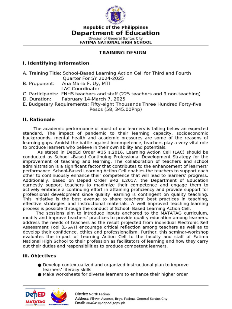 Lac Training Design 3rd and 4th Quarter 2024-2025 | PDF | Teachers | Learning