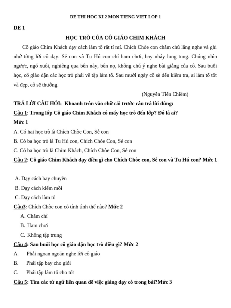 Tieng Viet Lop 1 | PDF