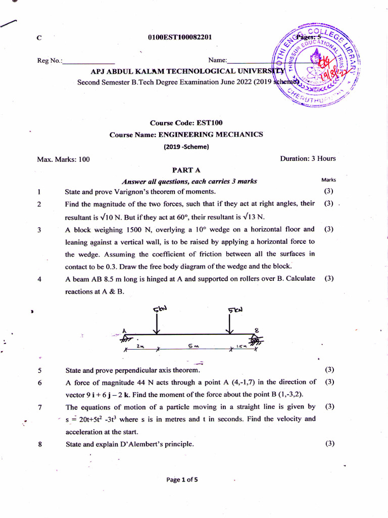 Est100 Engineering Mechanics, June 2022 | PDF | Force | Tension (Physics)