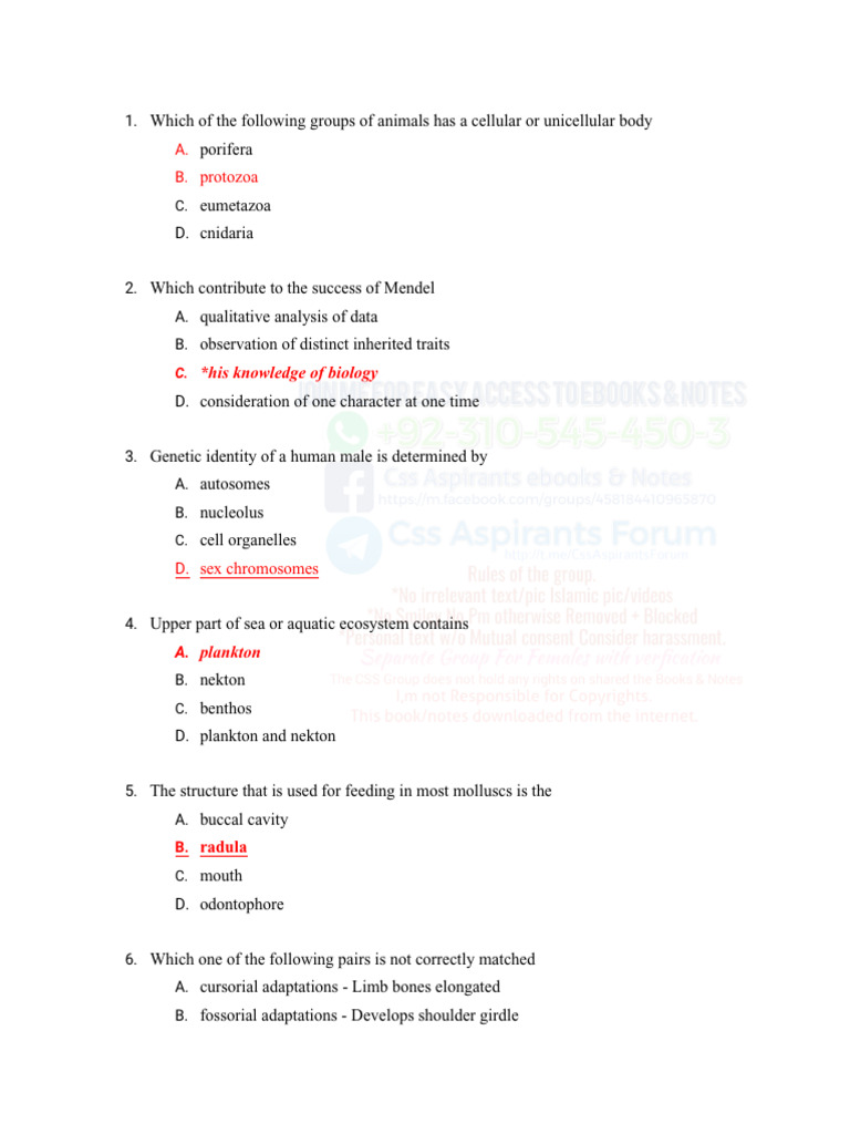 FPSC Solved Zoology Mcqs Papers (File #2) | PDF | Dominance (Genetics) | Adaptation