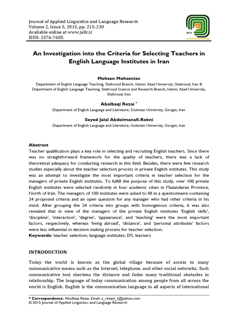 Teacher Selection Criteria in Iran's Institutes | PDF | Teachers ...
