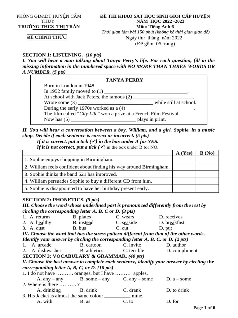Đề Tiếng Anh 6 | PDF | Human Overpopulation | Wind Power