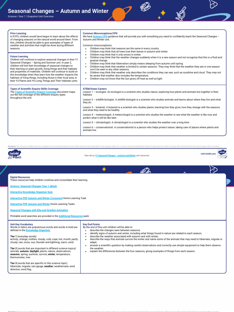 Snapshot Unit Overview Seasonal Changes - Autumn and Winter | PDF ...