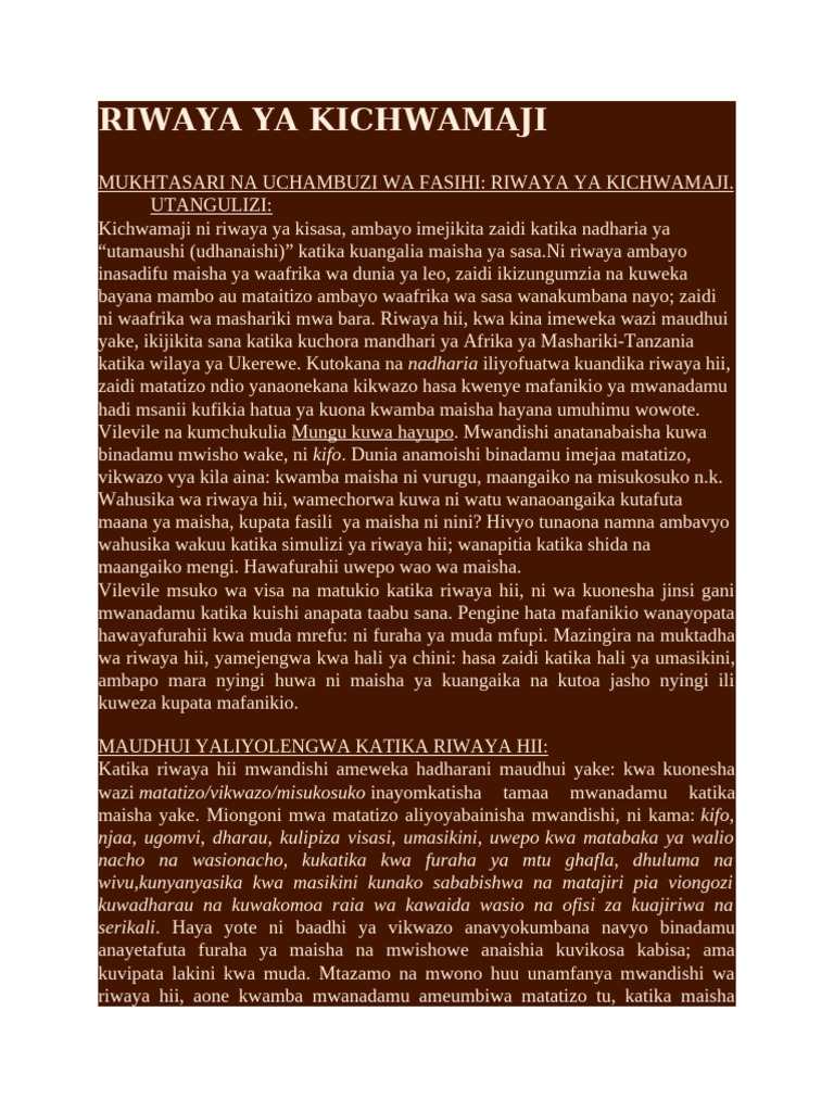 Riwaya Ya Kichwamaji | PDF