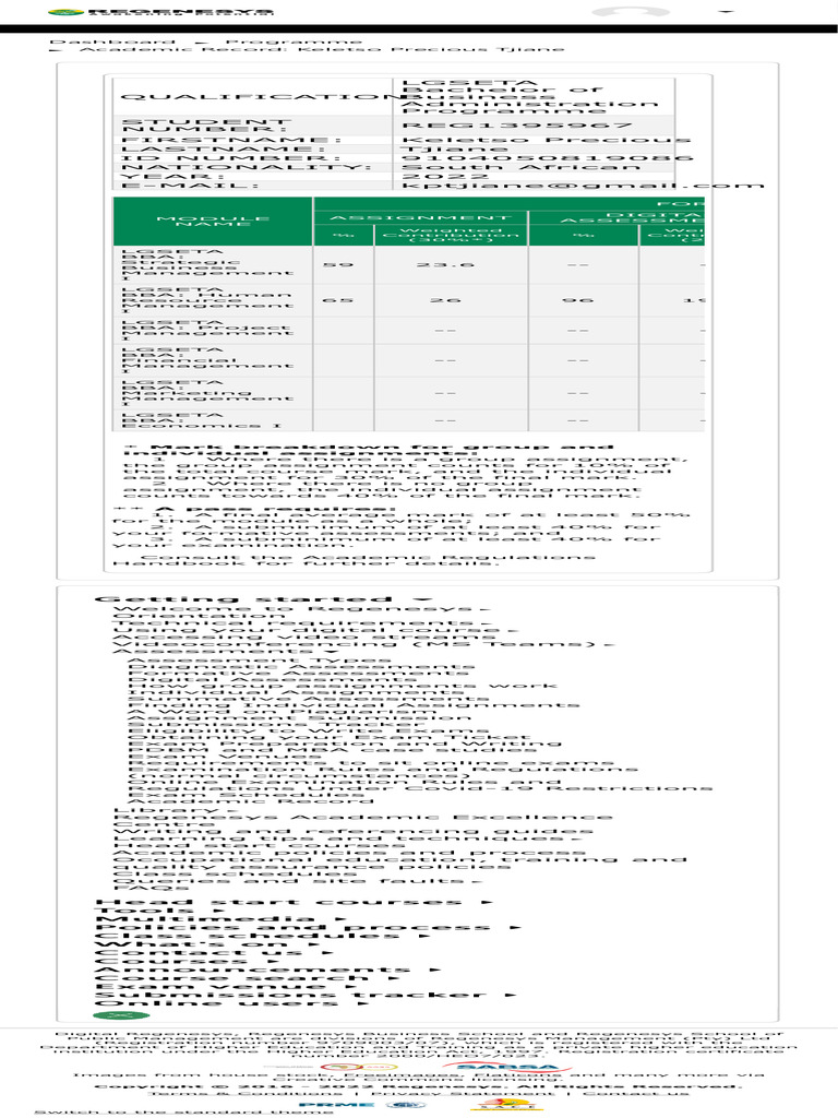 Regenesys BBA Academic Record Overview | PDF