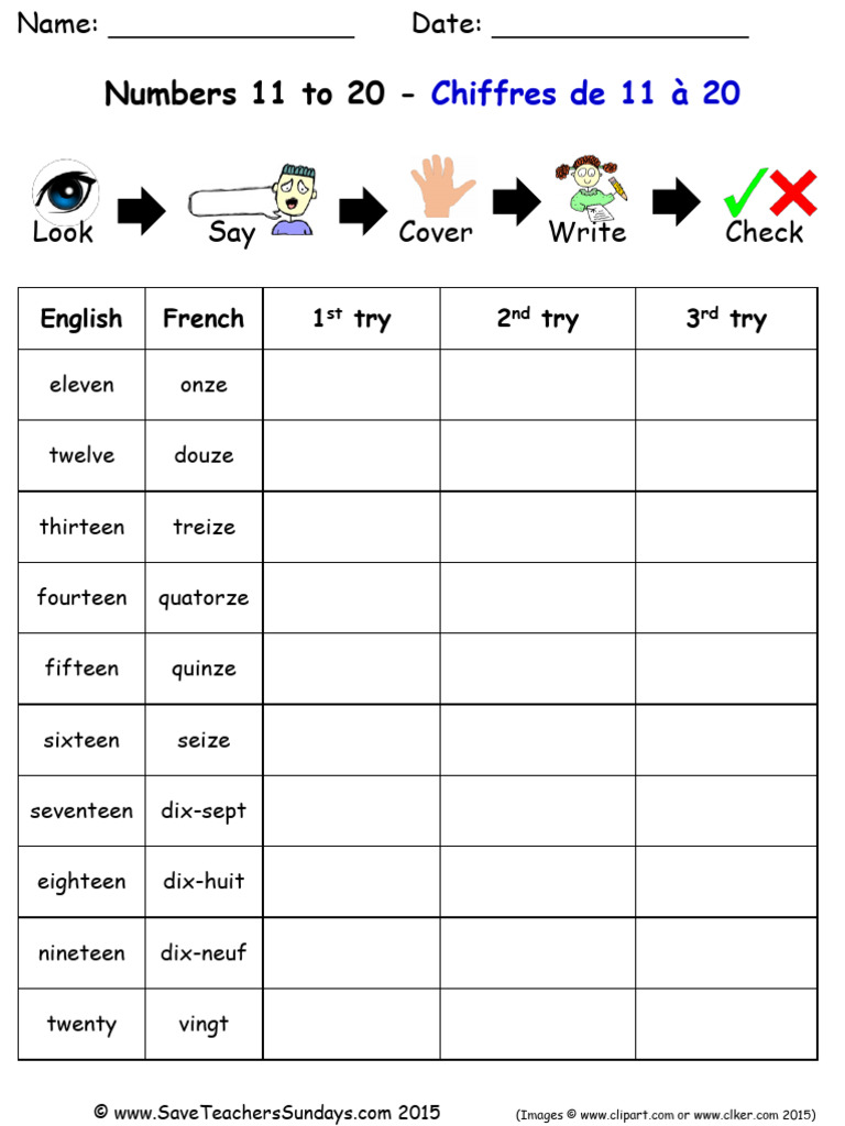 Numbers 11-20 in French Worksheet (Spelling Practice) | PDF