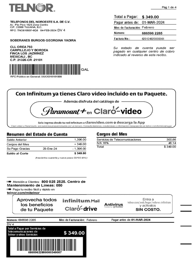 Recibo Telnor 1 | PDF