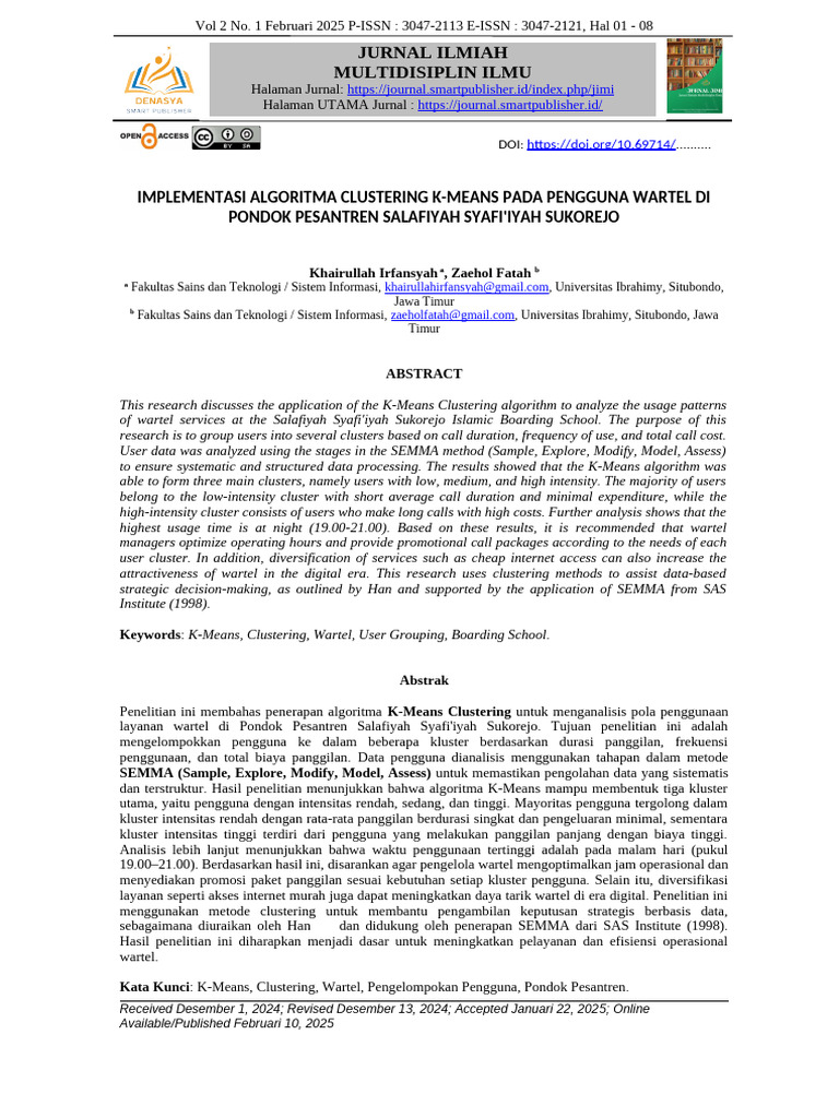 IMPLEMENTASI ALGORITMA CLUSTERING K-MEANS PADA PENGGUNA WARTEL DI PONDOK PESANTREN SALAFIYAH ...