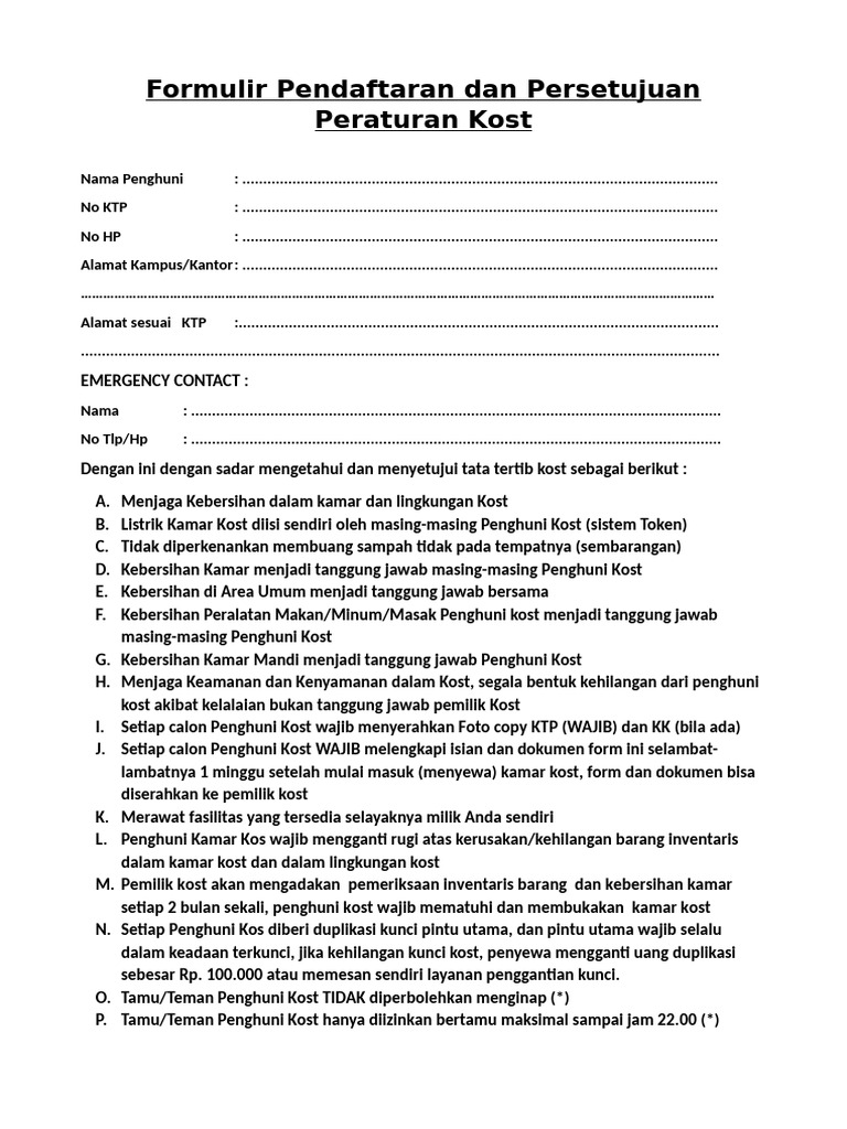 Formulir Pendaftaran Dan Persetujuan Peraturan Kost | PDF