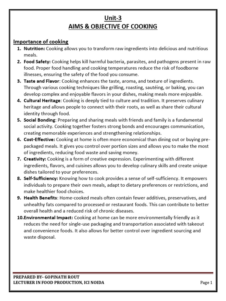 Unit-3 Aims and Objective of Cooking | PDF | Cooking | Foods