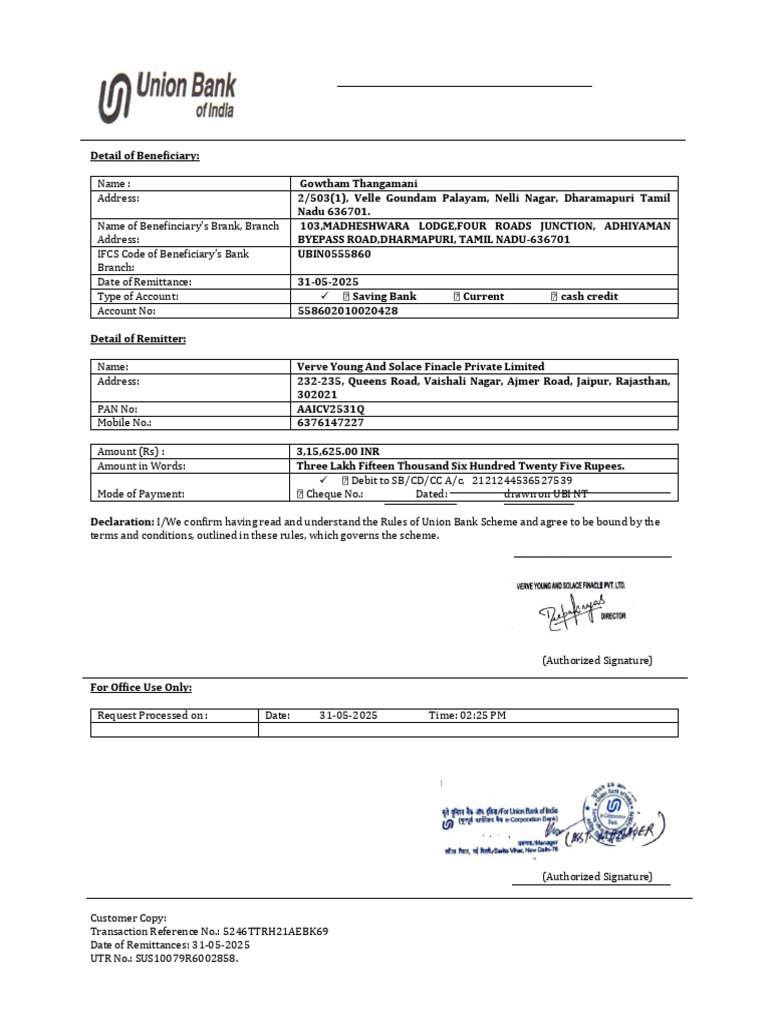 Union Bank of India RTGS NEFT FORM Gowtham Thangamani | PDF